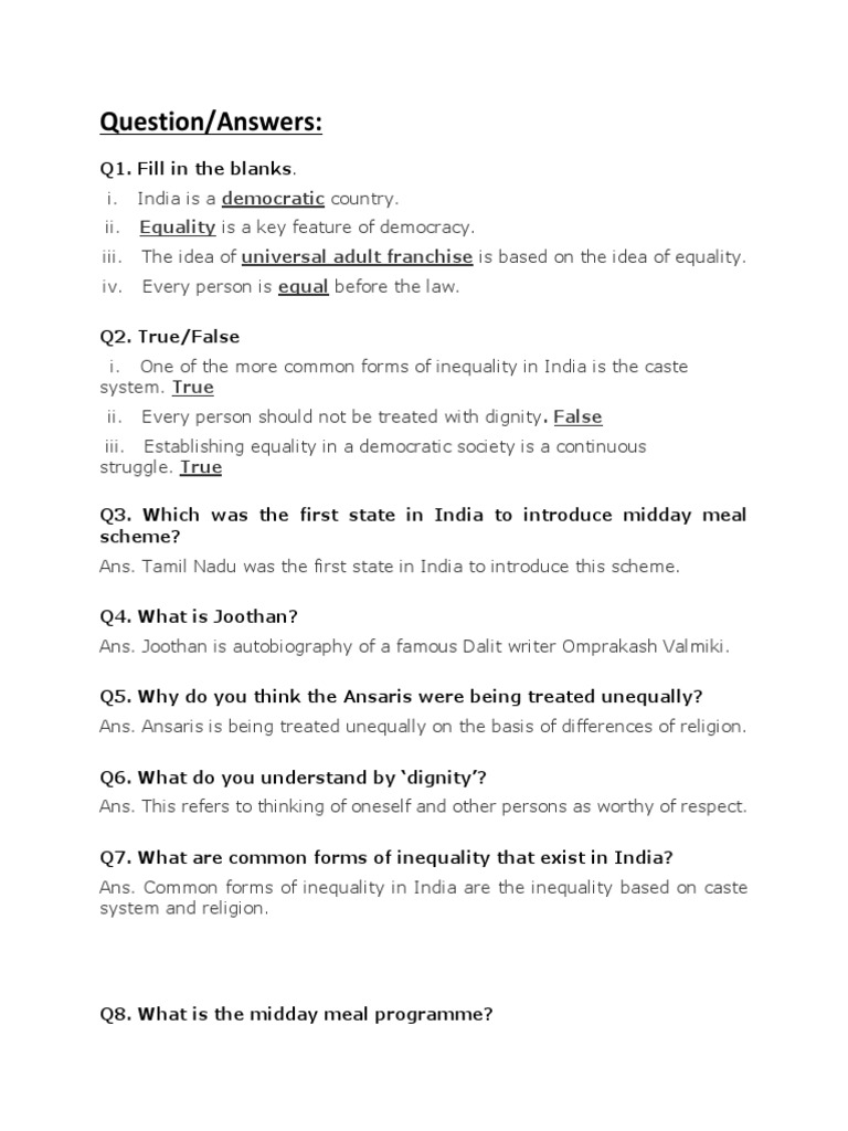 Question/Answers:: Equality Is A Key Feature of Democracy | PDF ...