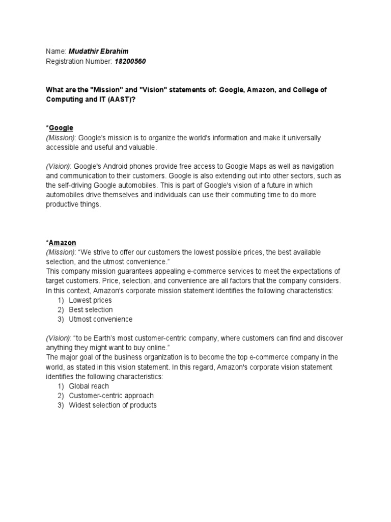 Mission and Vision of Google, Amazon, AAST | PDF | Computing | Customer ...