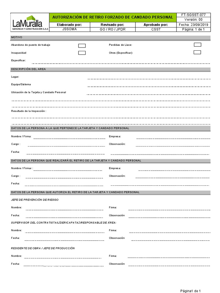 FT - SGSST - 077 - Autorización de Retiro Forzado de Candado Personal | PDF