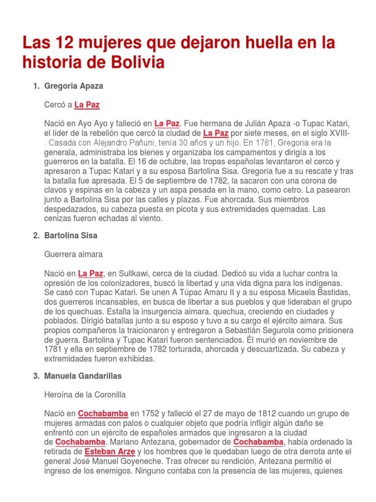 12 Mujeres que Marcaron la Historia de Bolivia | PDF | Bolivia ...