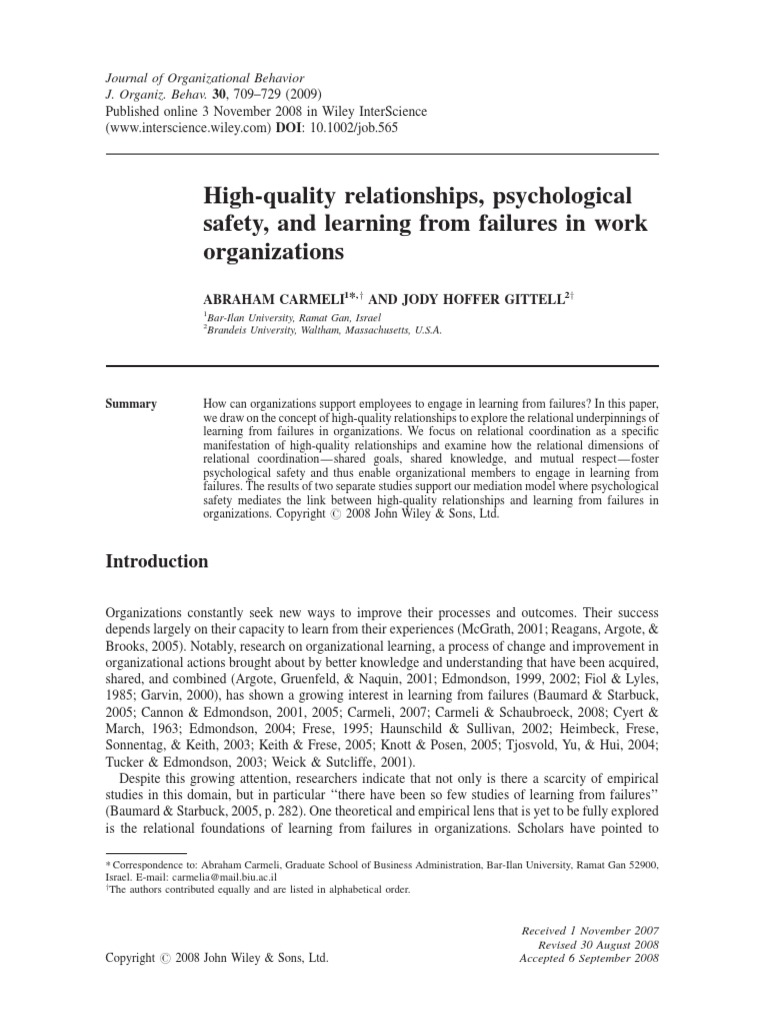 High Quality Relationships Psychological Safety - Learning From ...