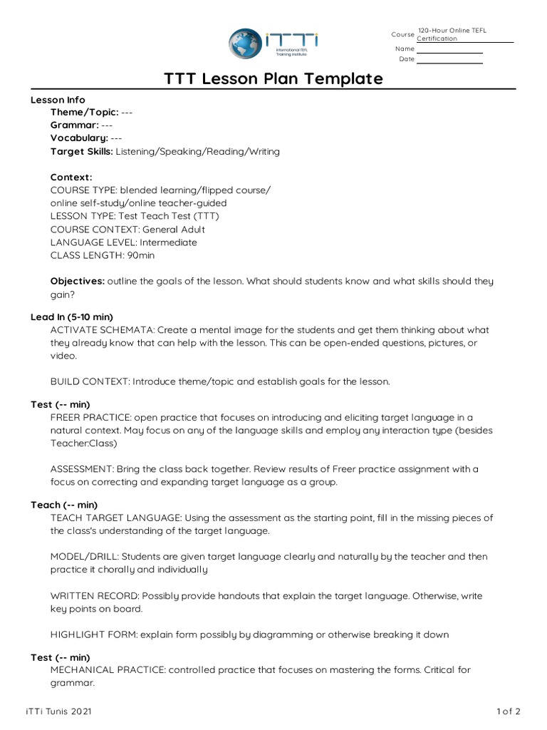 TTT Lesson Plan Template: Itti Tunis 2021 1 of 2 | PDF | Second ...
