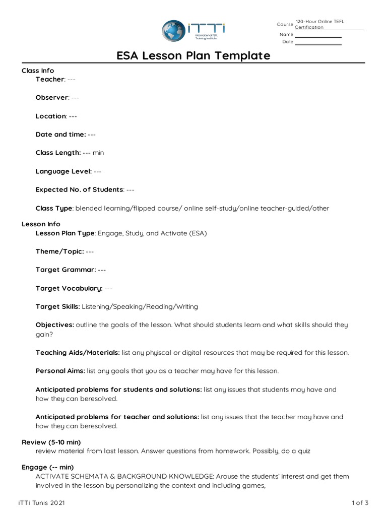 Esa Lesson Plan Template: Itti Tunis 2021 1 of 3 | PDF | Lesson Plan ...