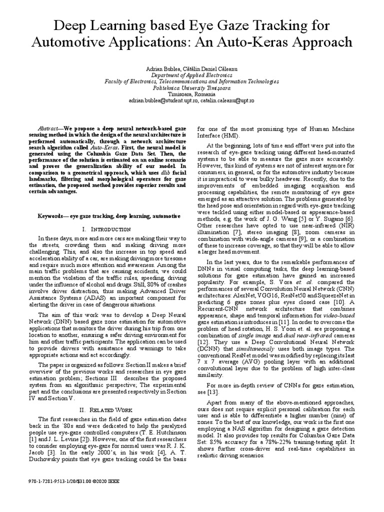 Deep Learning Based Eye Gaze Tracking For Automotive Applications An Auto Keras Approach Pdf
