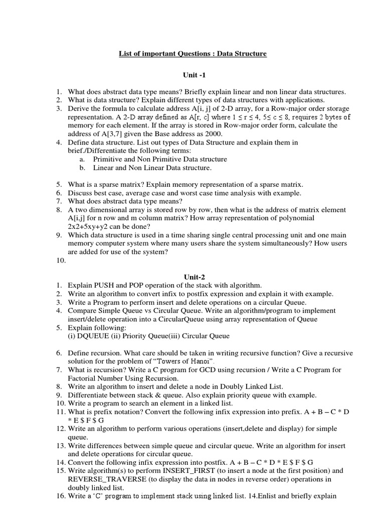 DS Important Questions | PDF | Matrix (Mathematics) | Queue (Abstract Data Type)