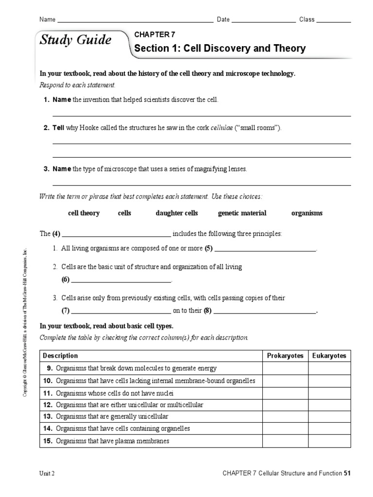 Study Guide: Section 1: Cell Discovery and Theory | PDF | Cell (Biology ...