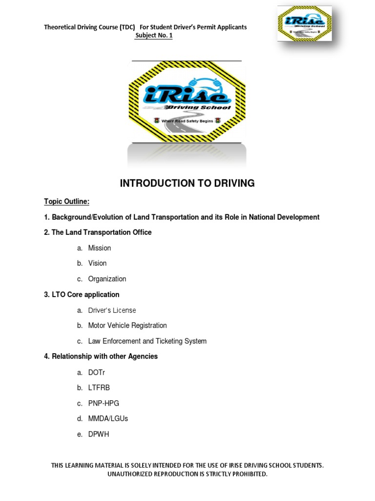 Subject 1-Introduction To Driving | PDF | Driver's License | Motor Vehicle