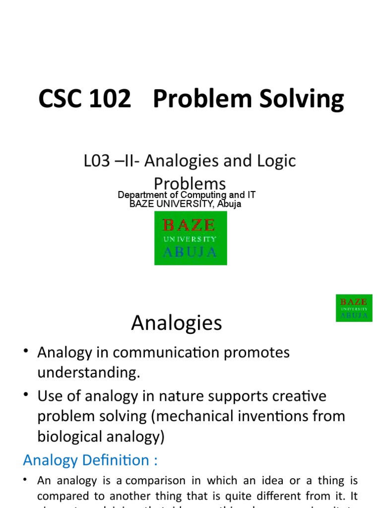 CSC 102 Problem Solving: L03 - II-Analogies and Logic Problems | PDF | Analogy | Risk