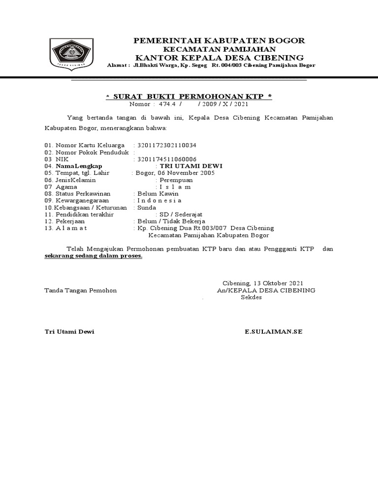 "Permohonan KTP Baru Tri Utami Dewi" | PDF