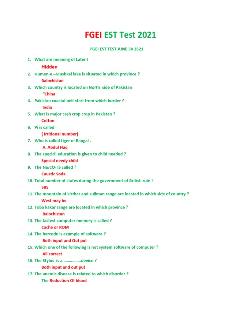 FGEI EST Test 2021 | Download Free PDF | Complex Number