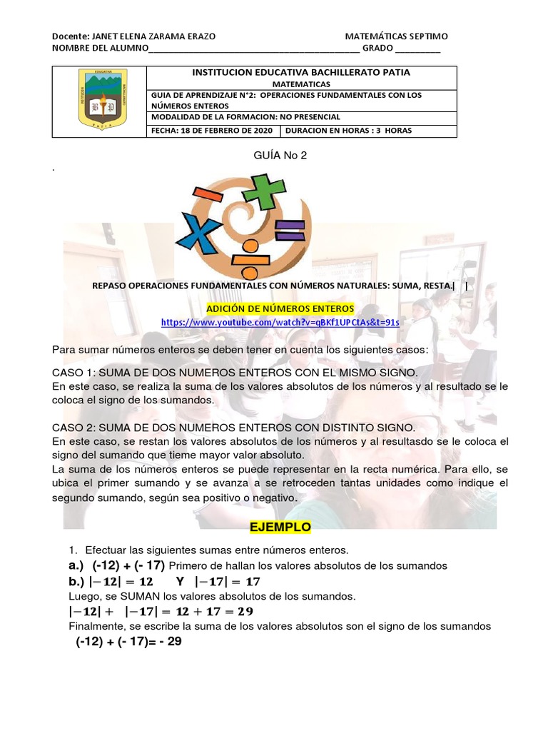GUIA N°2 Operaciones # ENTEROS SEPTIMO | PDF | Entero | Sustracción