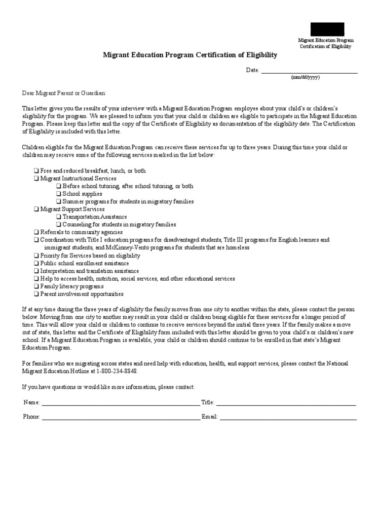 English Migrant Education Program Certification of Eligibility | PDF
