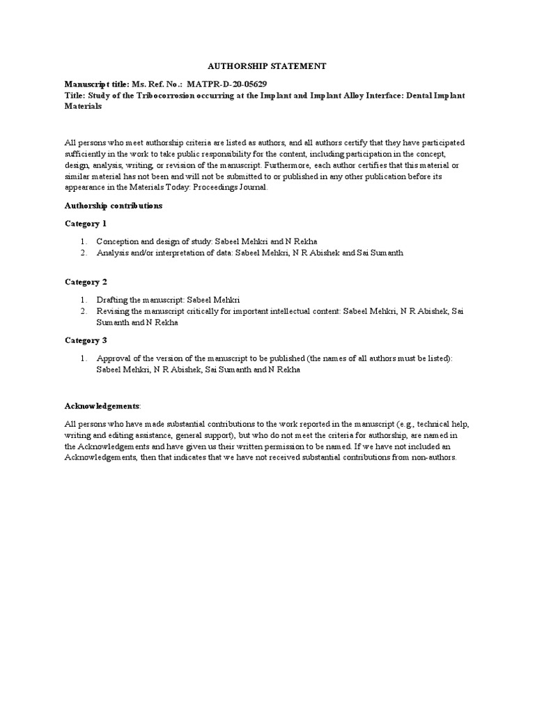 Authorship Statement for Dental Implant Study | PDF | Social Science | Art