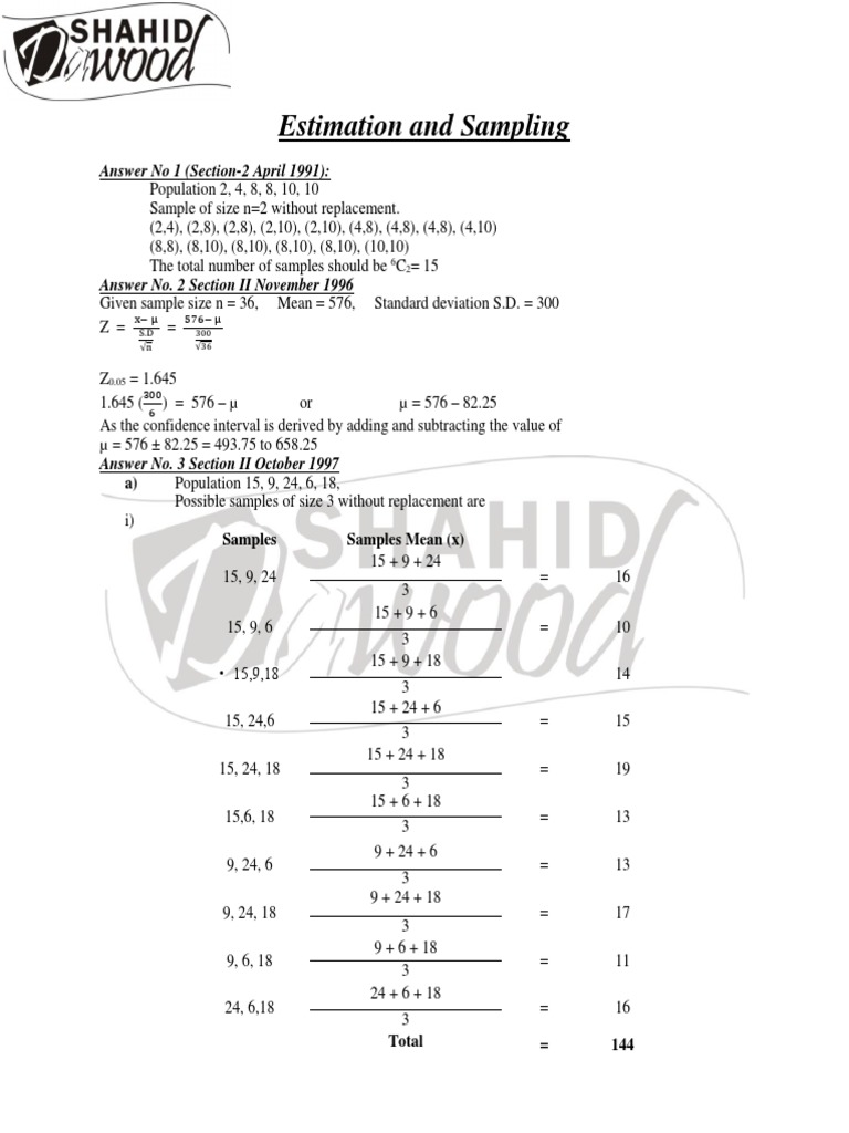 Estimation and Sampling Answer by WWW - Studyrift.info | PDF | Standard Deviation | Confidence ...