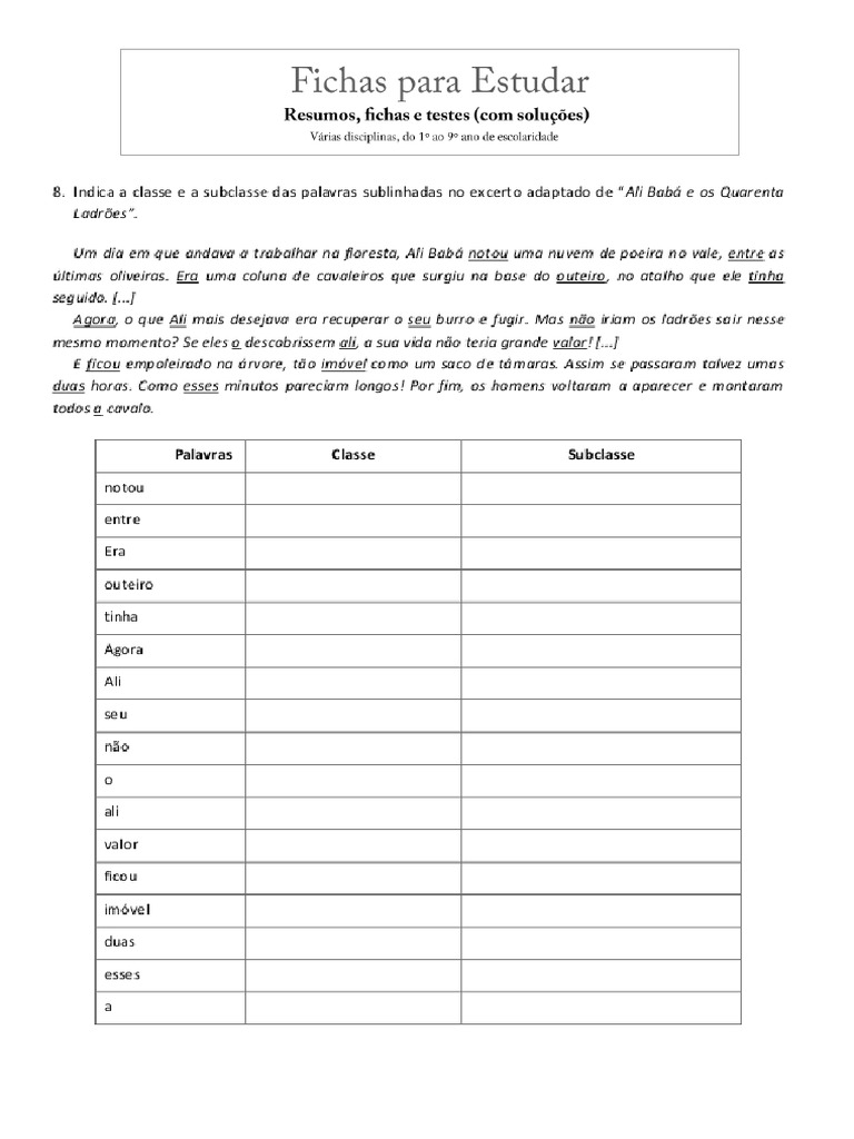 Ficha Portugues 5 Ano Classes e Subclasses Das Palavras | PDF