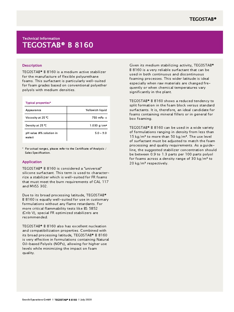 Tegostab B 8160 - 052019 | PDF | Foam | Density