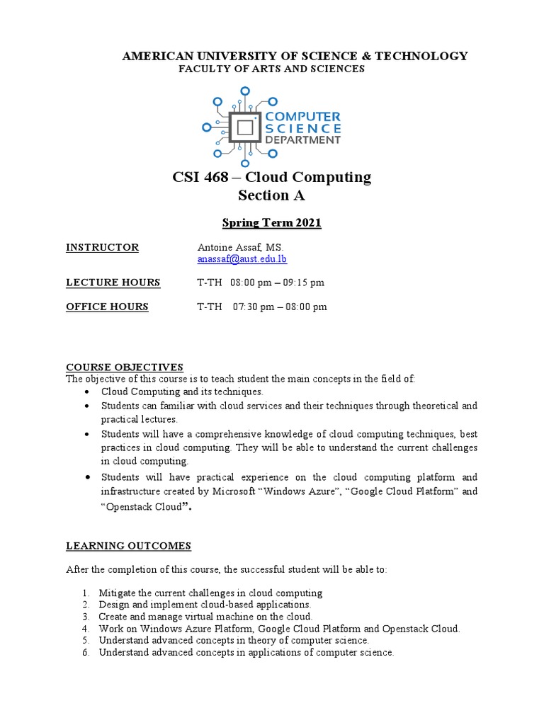 CSI - 468 - A - Syllabus - Spring 2021 | PDF | Cloud Computing | Platform As A Service