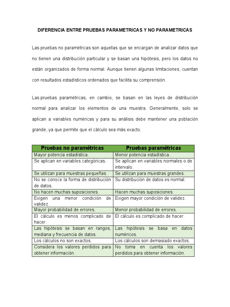 Diferencia Entre Pruebas Parametricas y No Parametricas | PDF | Prueba ...