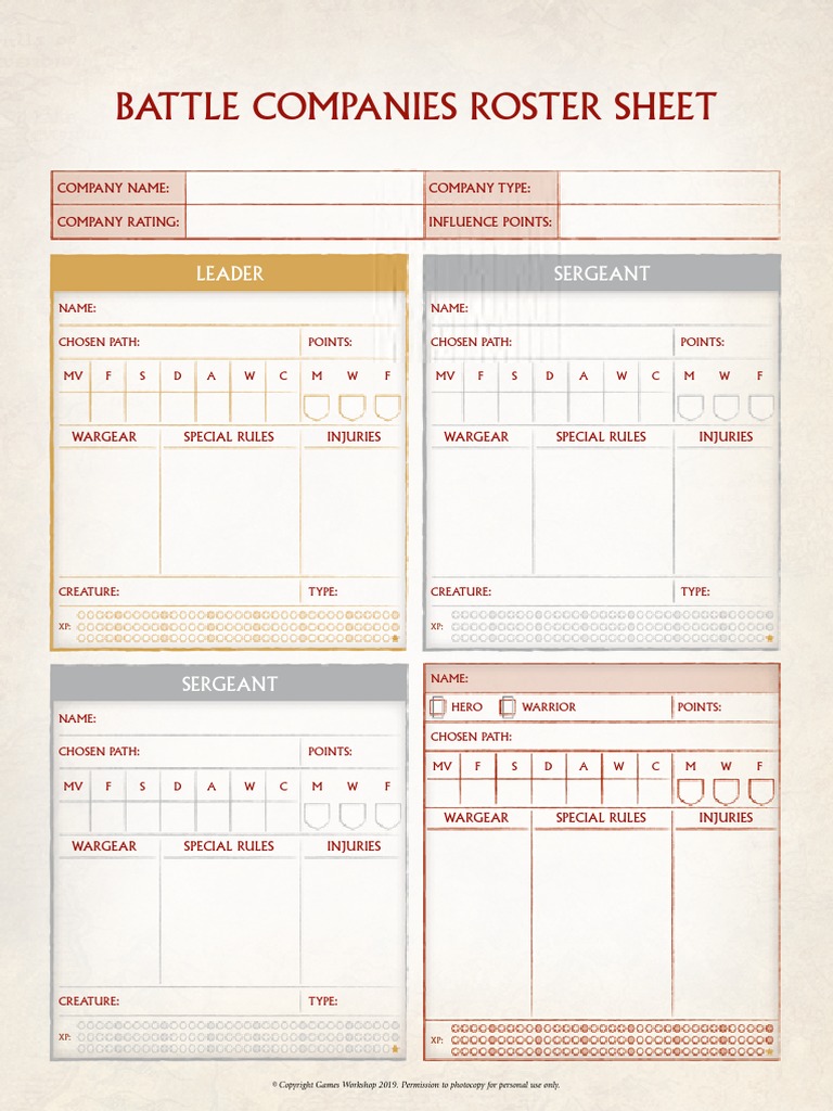 Battle Companies Roster Sheet: Leader Sergeant | PDF