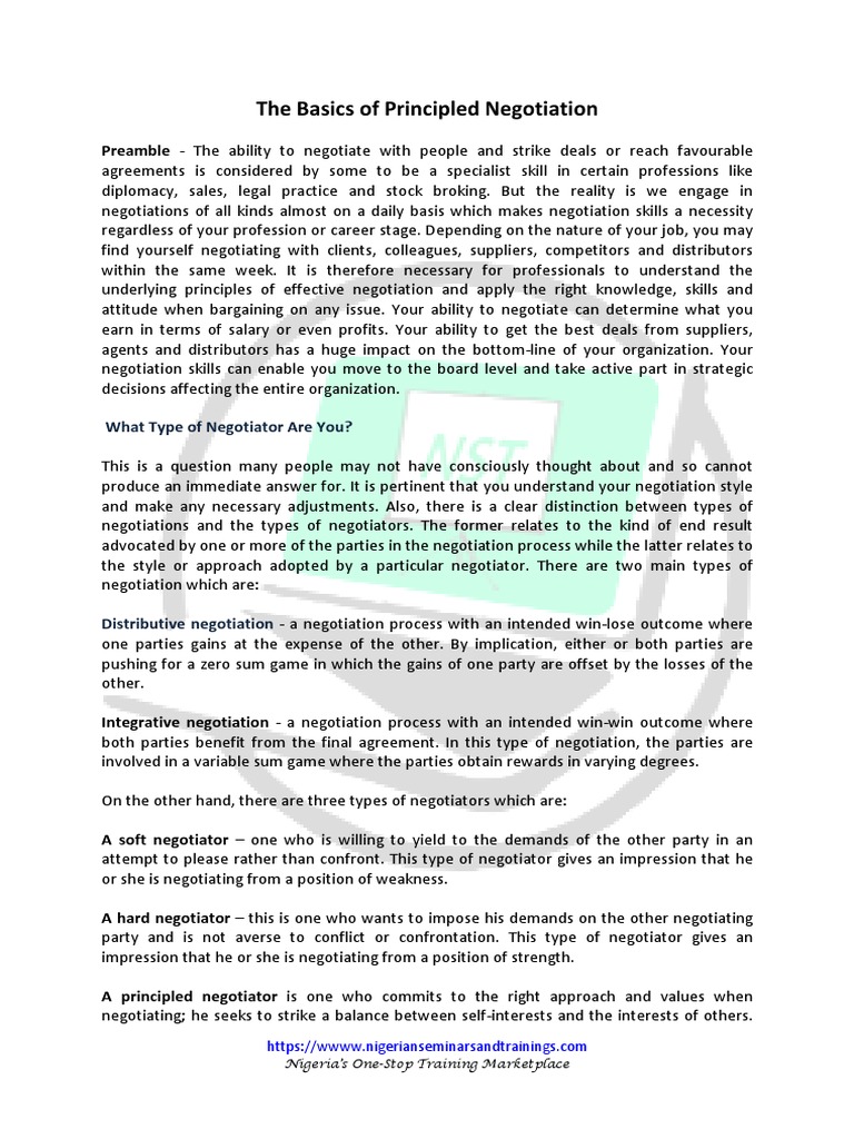 The Basics of Principled Negotiation: What Type of Negotiator Are You? | PDF | Negotiation ...