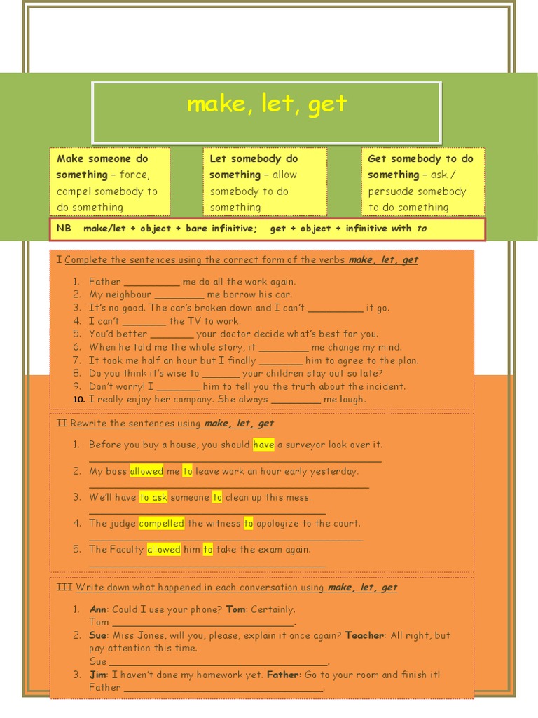 Make, Let, Get: Get Somebody To Do Something - Ask / Let Somebody Do Something - Allow Make ...