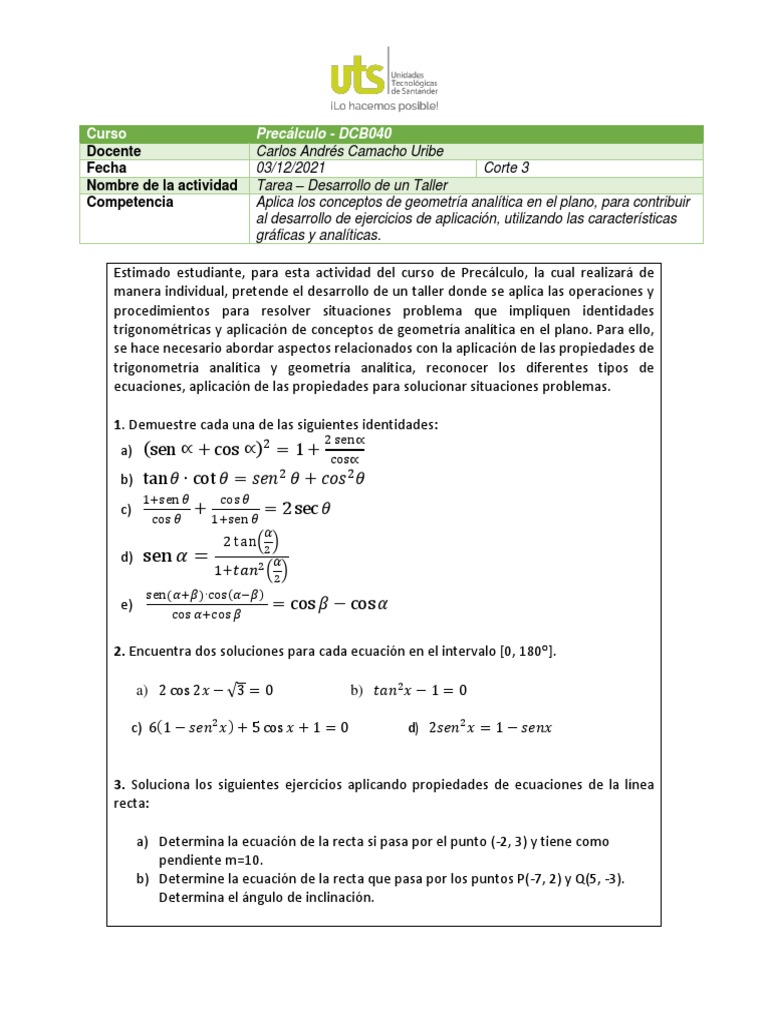 Taller 3 - Precalculo | PDF | Geometría euclidiana | Conceptos matemáticos