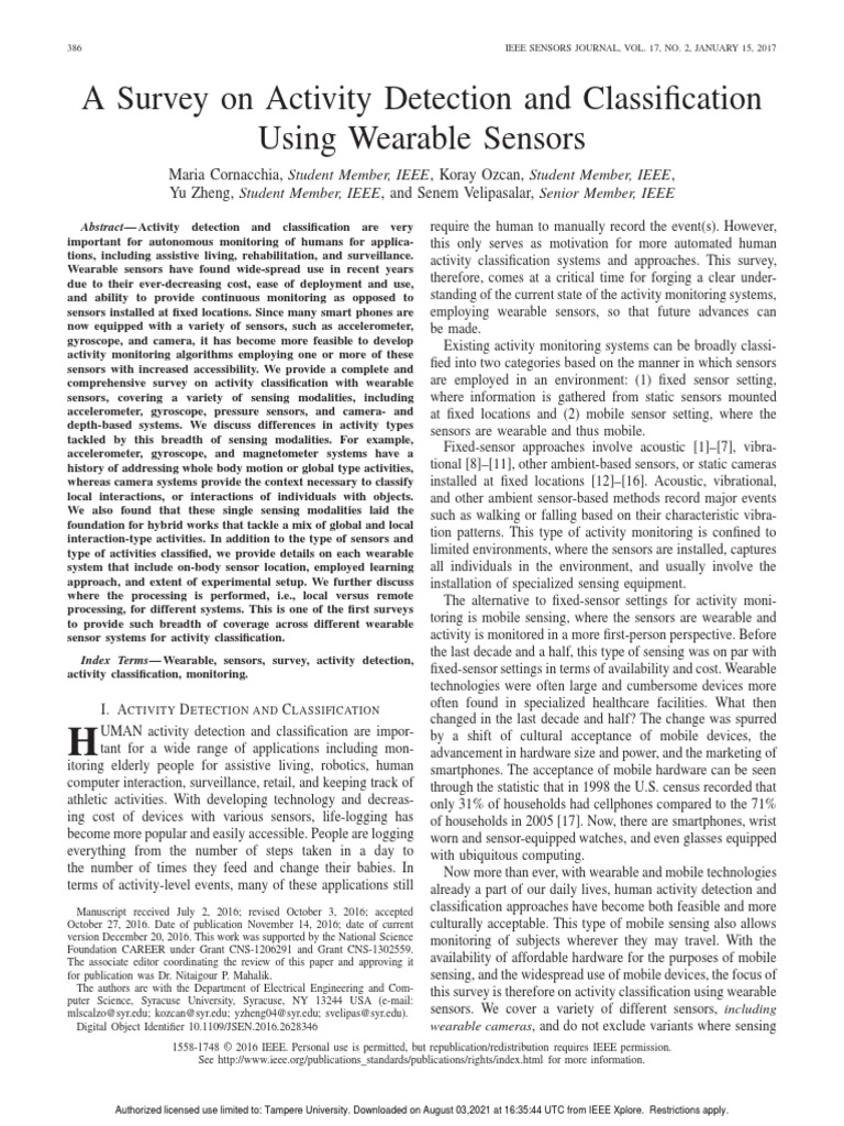 A Survey On Activity Detection And Classification Using Wearable Sensors Pdf Statistical
