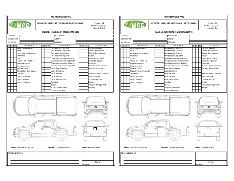 2021-11-27 - Formato-Check-List-Vehiculos - DOBLE CABINA-PEQUEÑO | PDF ...