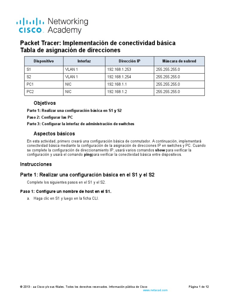2.7.6 Packet Tracer - Implement Basic Connectivity | PDF | Dirección IP | Conmutador de red