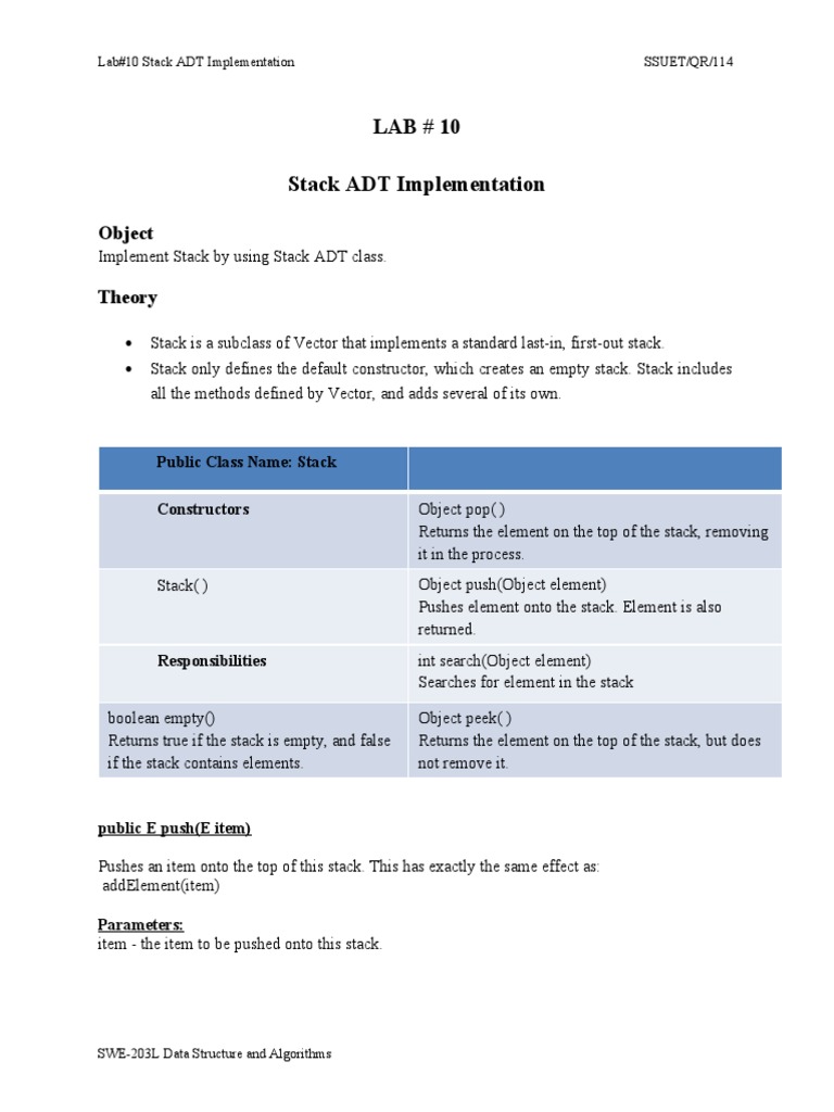 LAB # 10 Stack ADT Implementation: Object | PDF | Programming ...