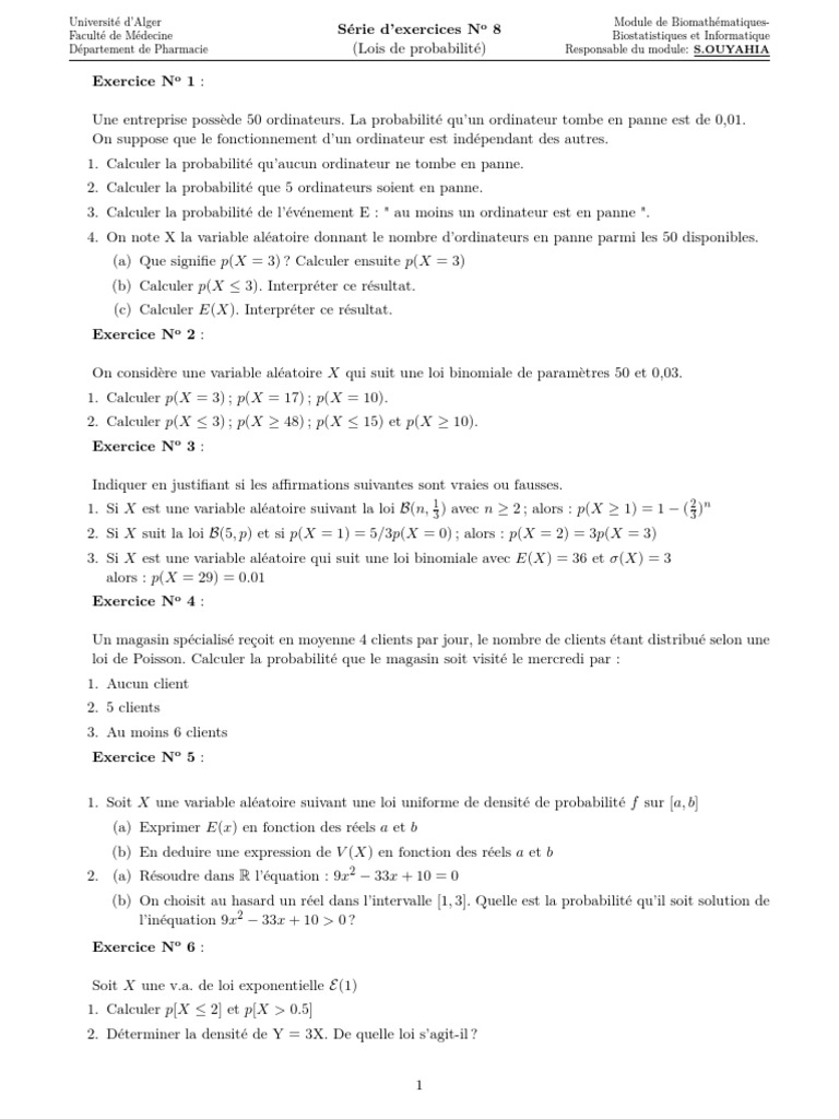Exercices sur les lois de probabilité | PDF | Loi normale | Probabilité