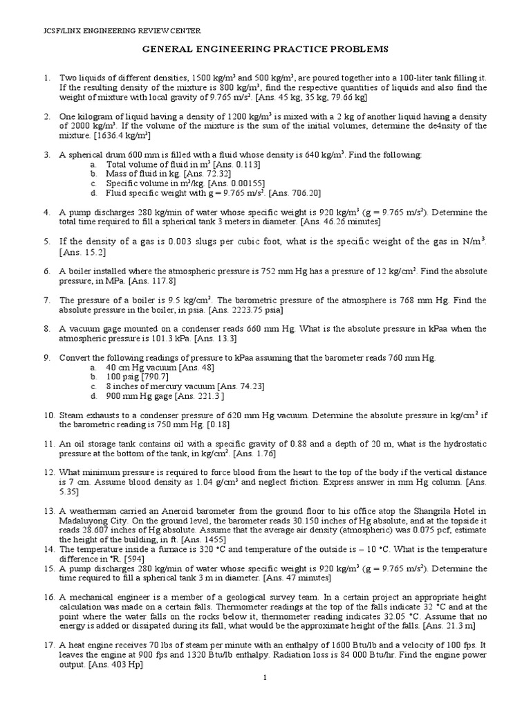 General Engineering Practice Problems 1 | PDF | Pressure | Heat