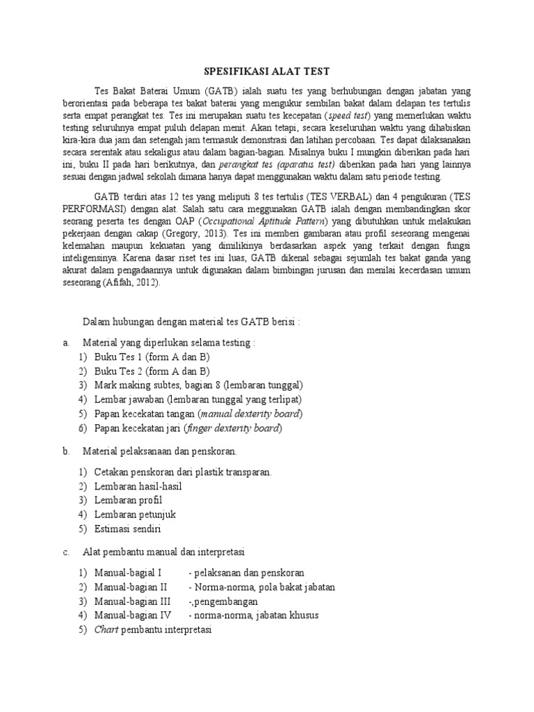 Spesifikasi Alat Tes GATB (General Aptitude Test Battery) | PDF