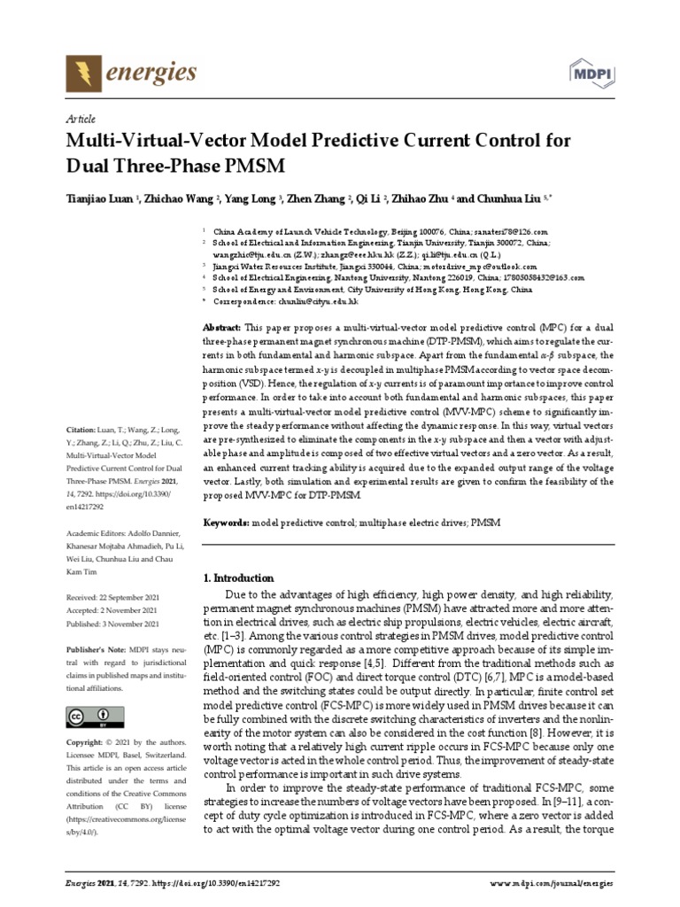 Multi Virtual Vector Model Predictive Current Control For Dual Three Phase PMSM | PDF ...