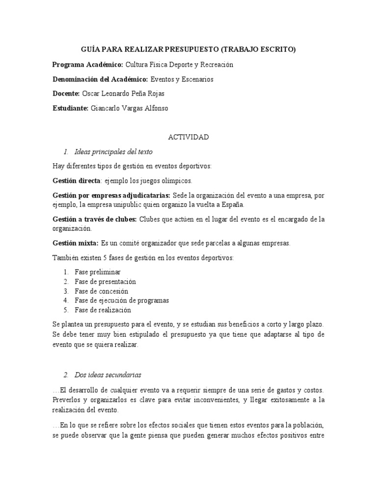 Trabajo Escrito (Eventos y Escenarios) | PDF