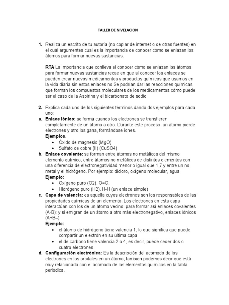 Taller De Nivelacion De Quimica Pdf Calcio Hidróxido De Sodio