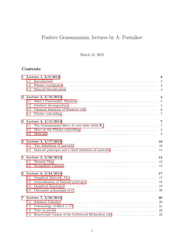 Positive Grassmannian, Lectures by A. Postnikov: March 14, 2012 | PDF ...