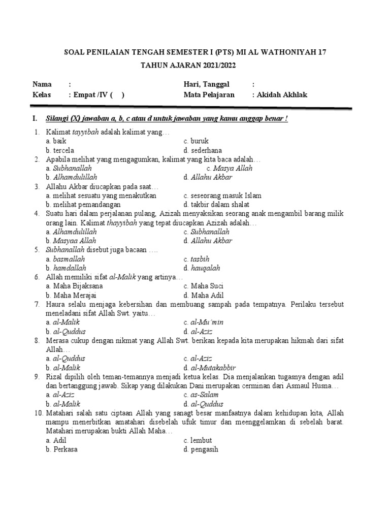 Soal Pts Akidah Akhlak 2021/2022 | PDF