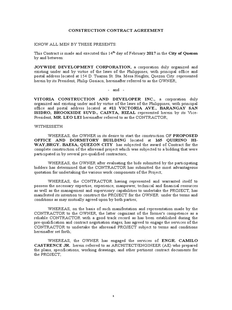 Construction Contract Agreement 2017 | PDF | Employment | General ...