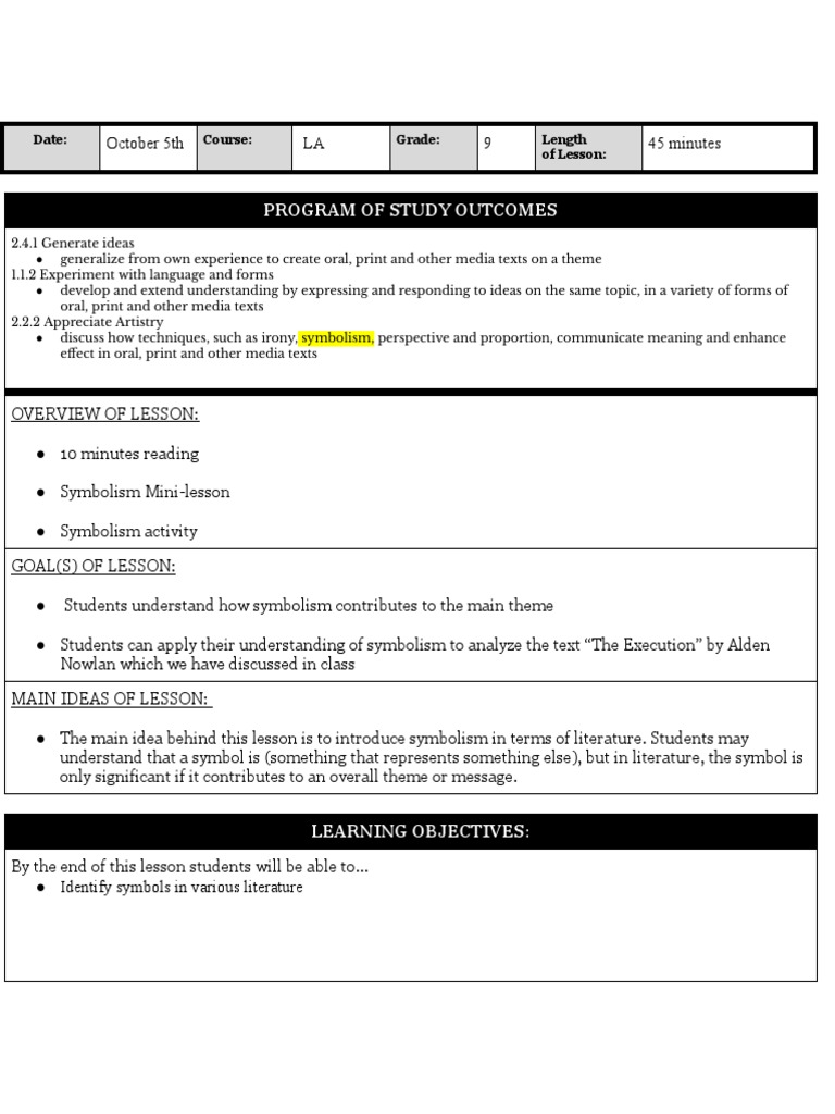 Symbolism Lesson | PDF | Pedagogy | Education Theory