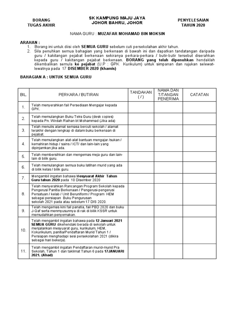 BORANG PENYELESAIAN TUGAS AKHIR TAHUN 2020 Edit | PDF