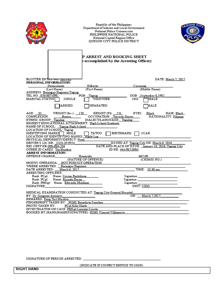 PNP Arrest and Booking Sheet (To Be Accomplished by The Arresting ...