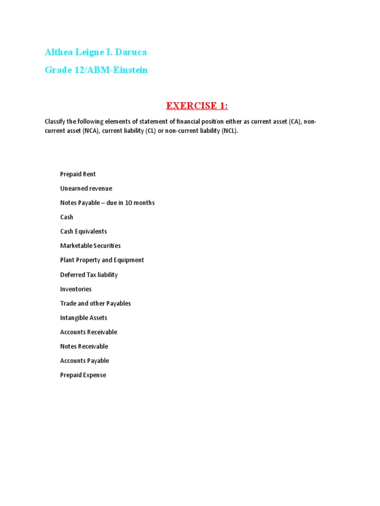 Exercise 1. Elements of Financial Statements (Fabm2) | PDF | Debits And ...