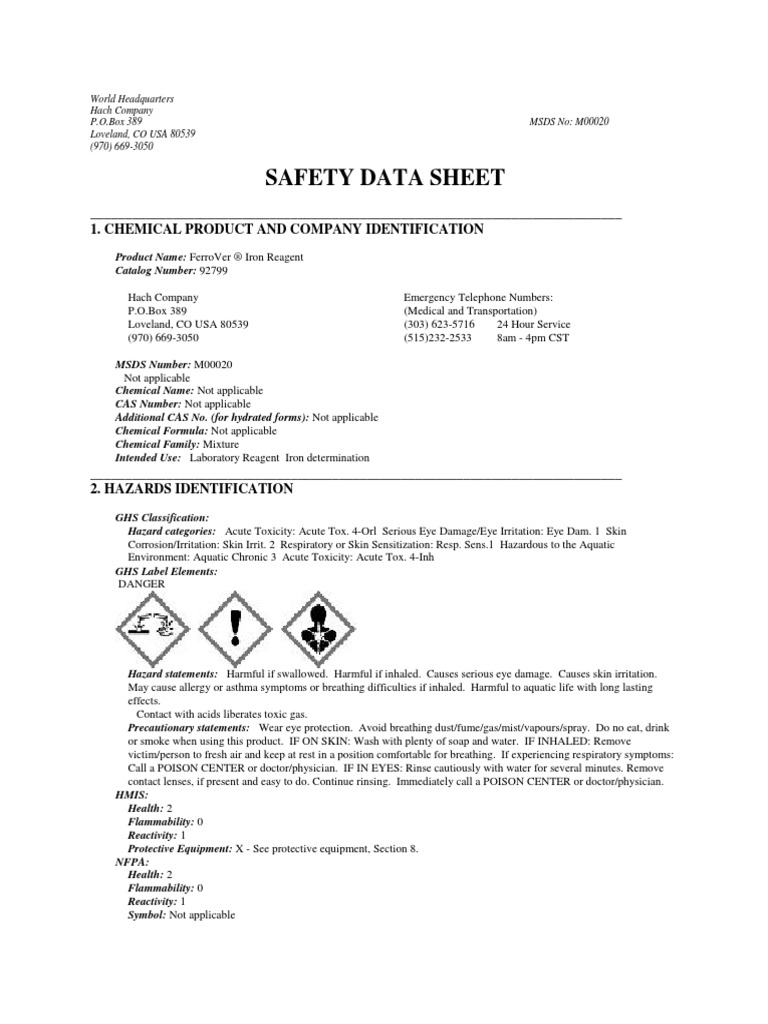 FerroVer Iron Reagent | PDF | Dangerous Goods | Toxicity