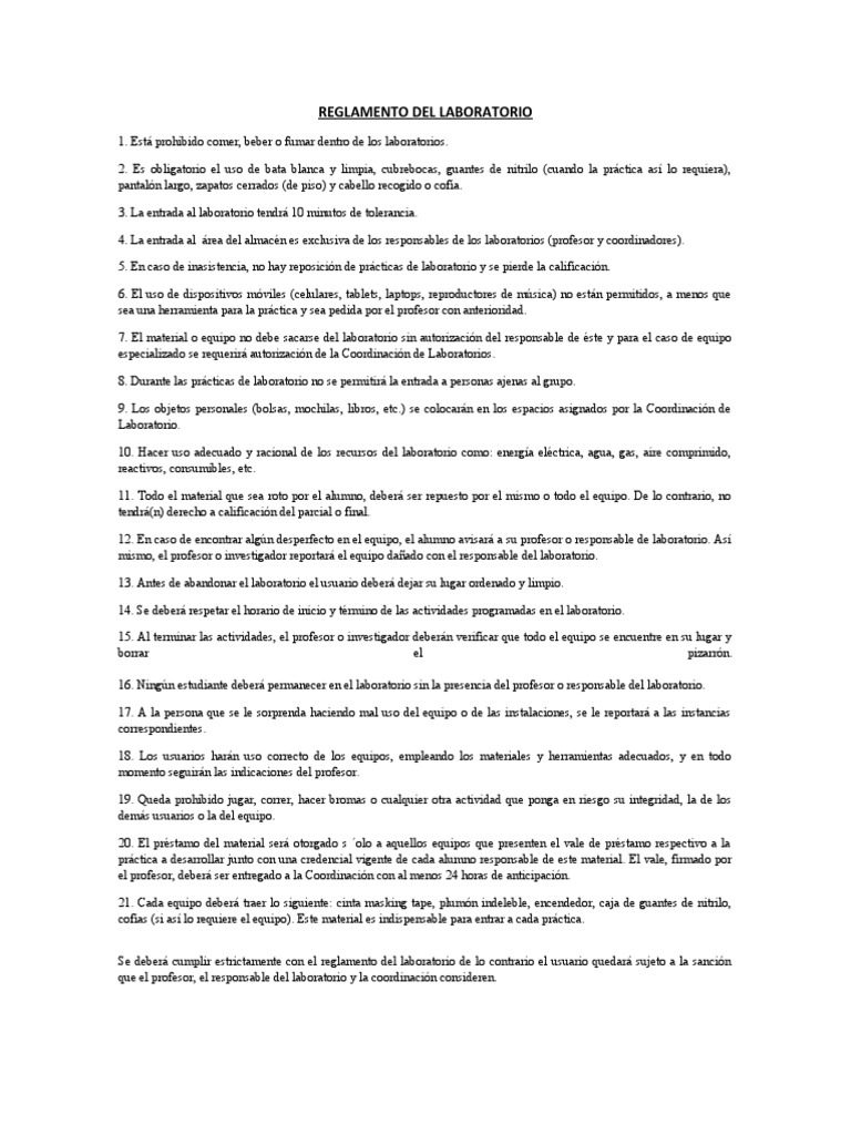 Reglamento Del Laboratorio | PDF | Laboratorios