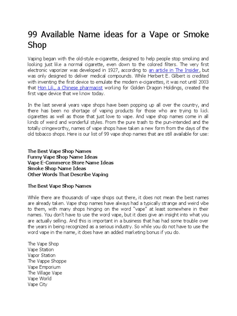99 Available Name Ideas For A Vape or Smoke Shop | PDF | Electronic ...