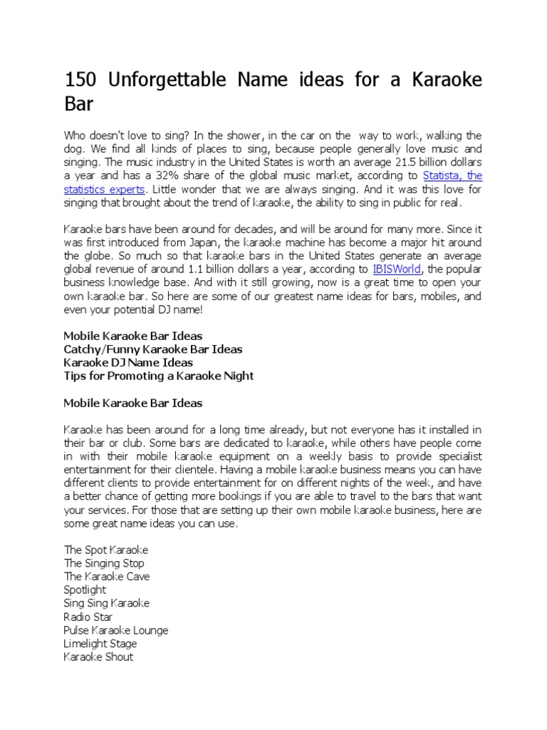 150 Unforgettable Name Ideas For A Karaoke Bar | Download Free PDF ...