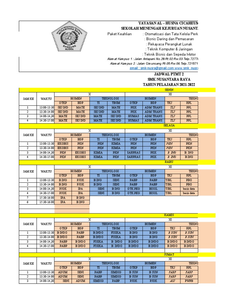 JADWAL PTMT 2 (SMK NUSRA) New | PDF