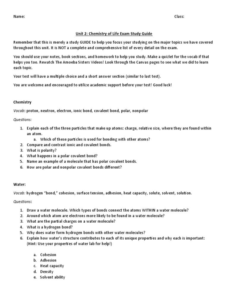 Unit 2 Chemistry of Life Exam Study Guide | PDF | Chemical Polarity ...