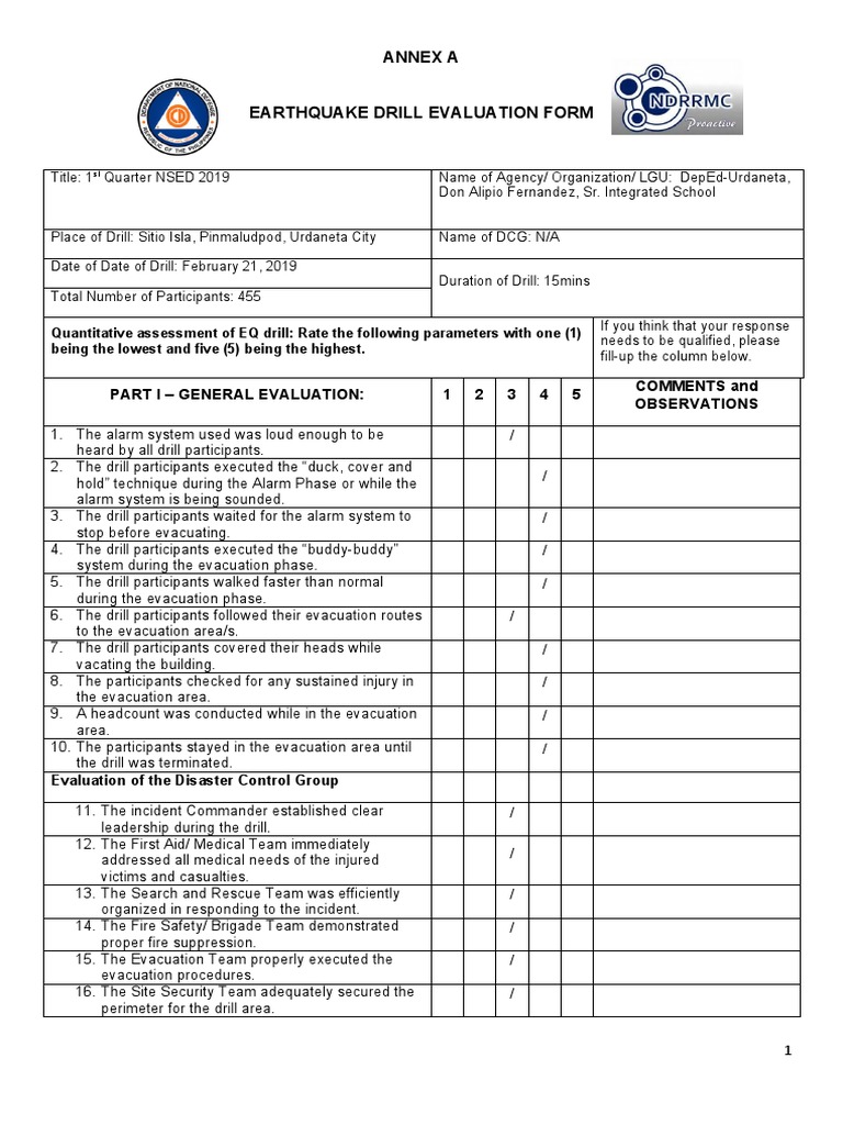 ANNEX A - Earthquake Drill Evaluation Form Template | PDF | Safety ...